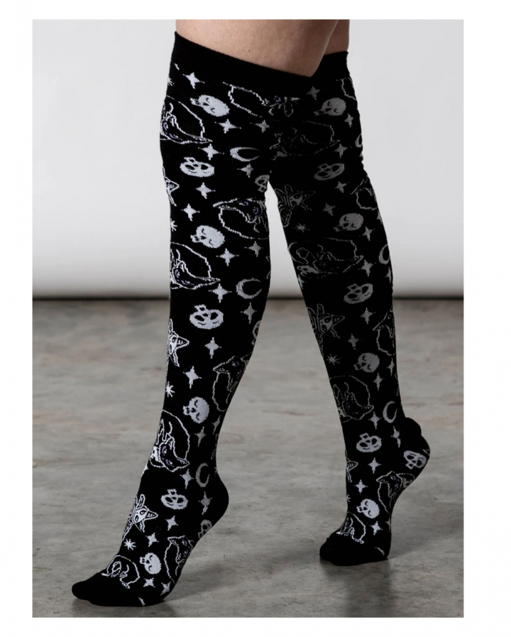 KILLSTAR Purr OFF Overknee Socks with occult motif | Horror-Shop.com