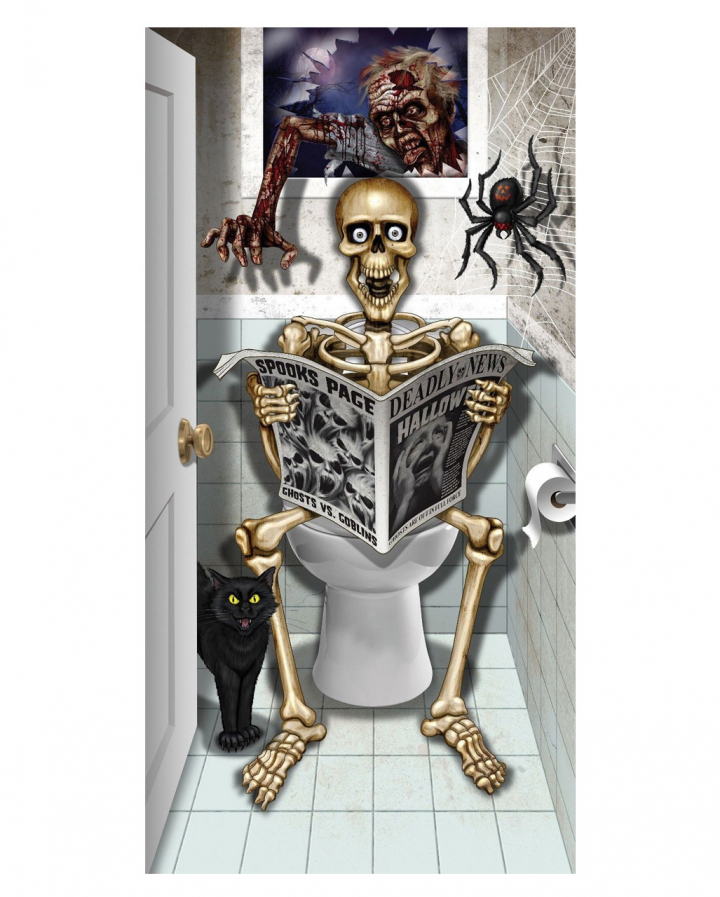 Skeleton Sitting On WC Door Foil Halloween decoration | Horror-Shop.com