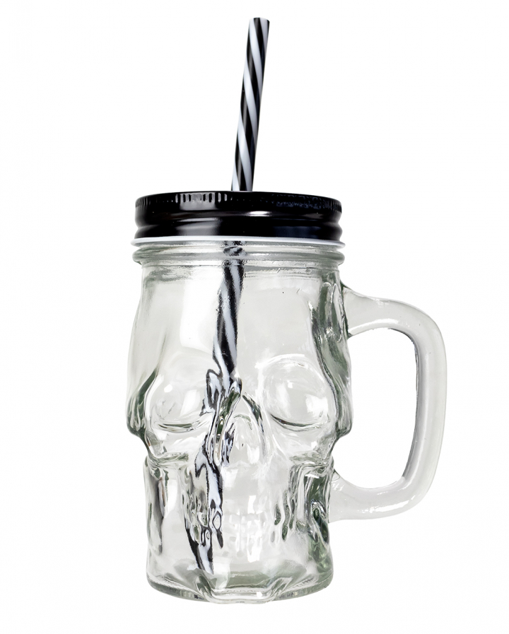 Skull Drinking Glass With Lid & Straw ★ | Horror-Shop.com