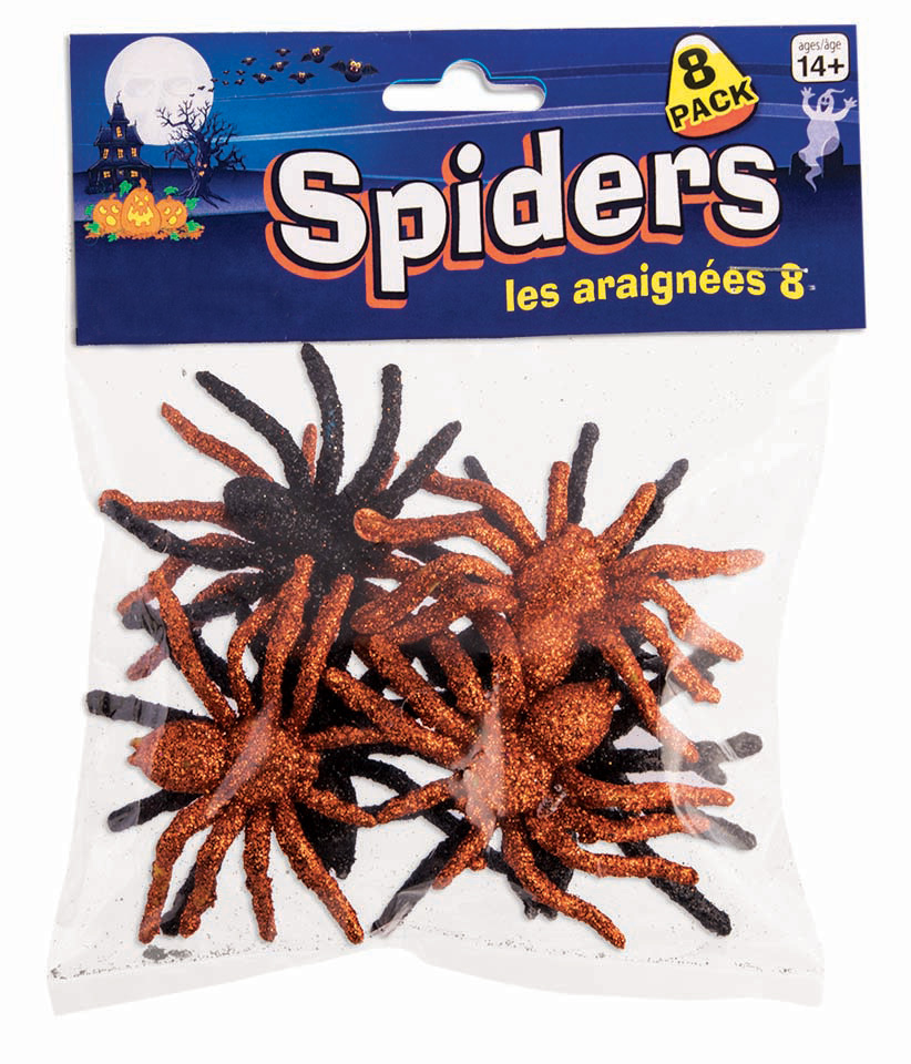 Glitter Spiders Black-orange 8 Pcs. for Halloween | Horror-Shop.com