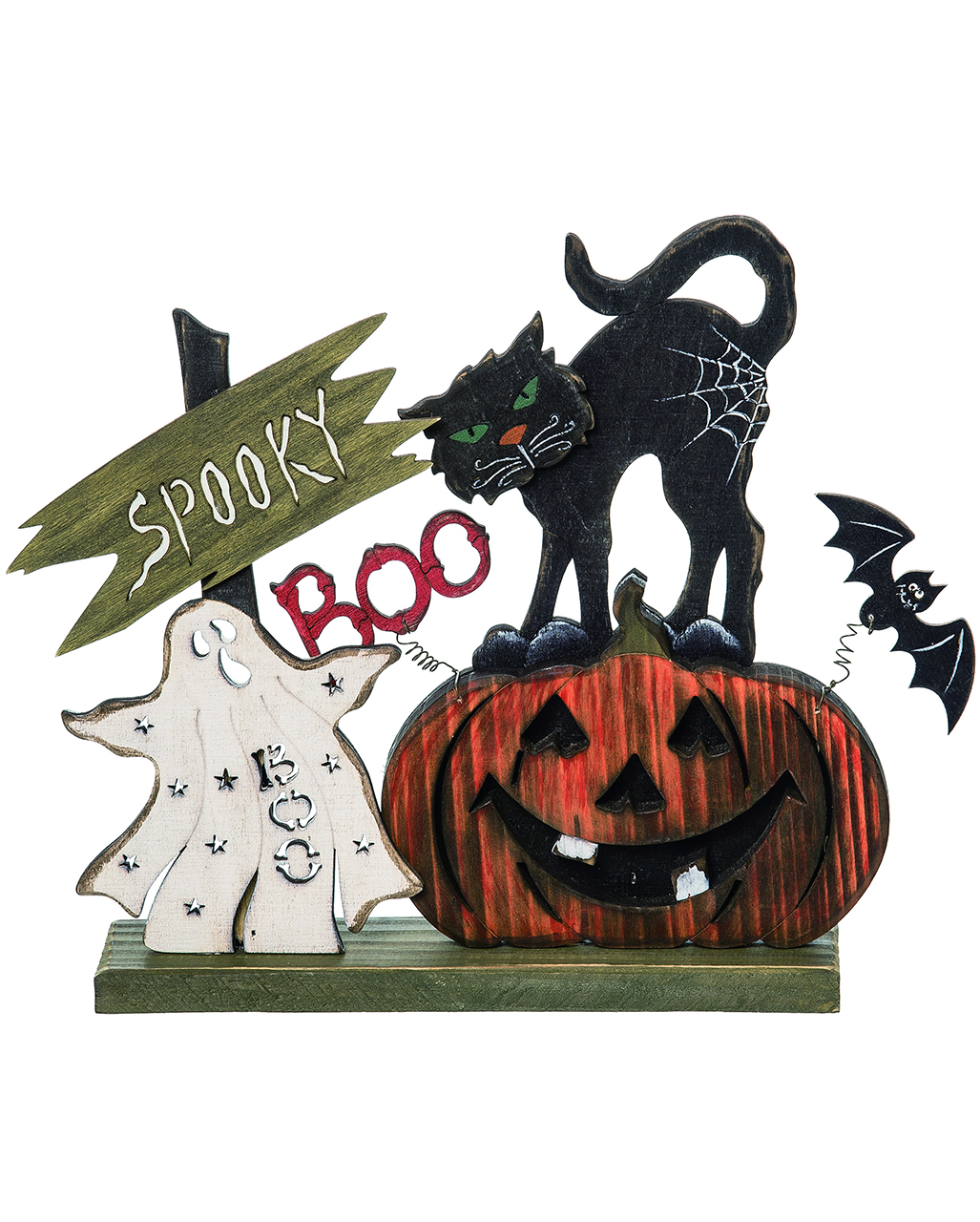 Spooky Cat & Pumpkin Stand Decoration 24cm Wooden | Horror-Shop.com