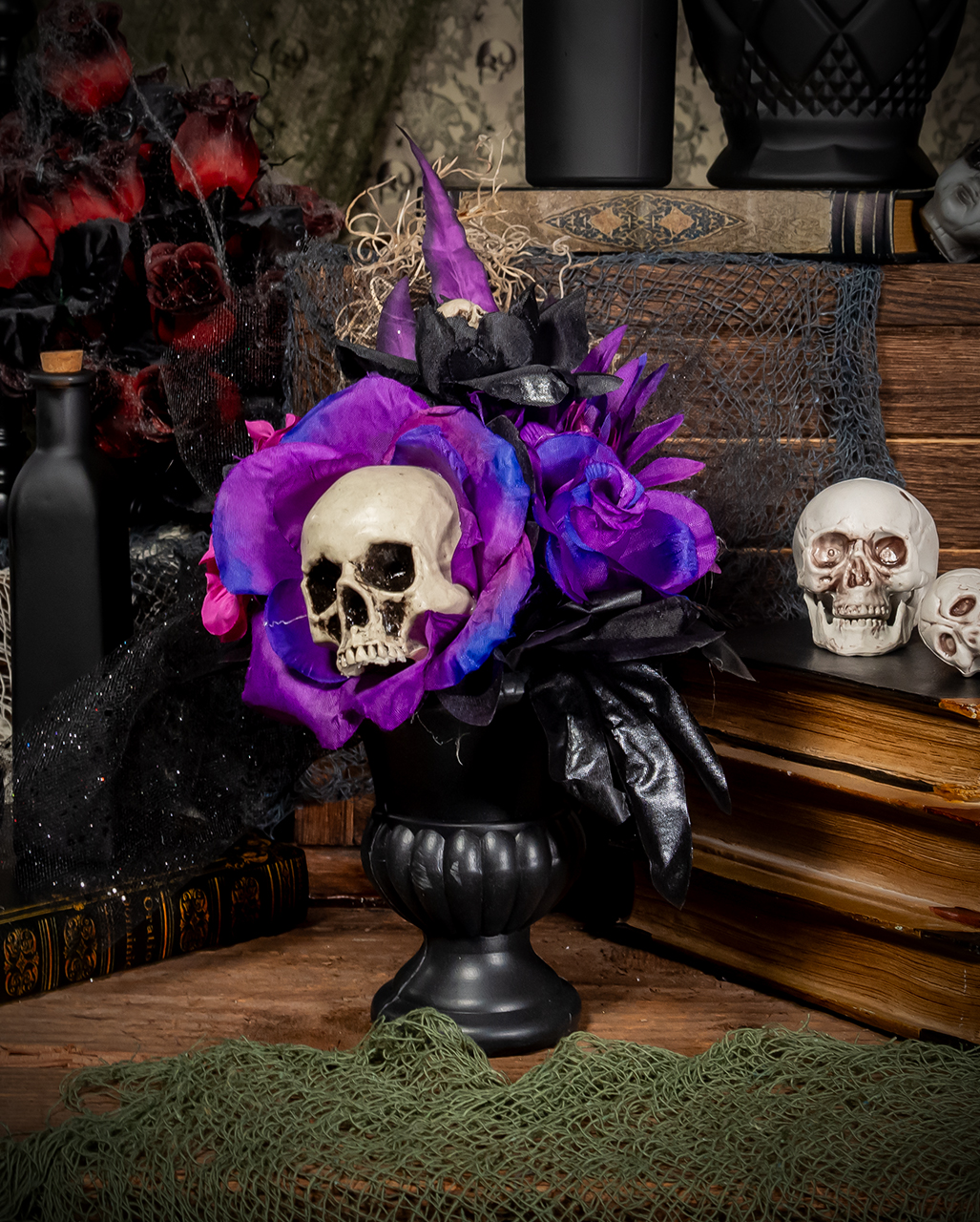 Gothic Flower Arrangement With Purple-black Roses & Skull 30cm ...