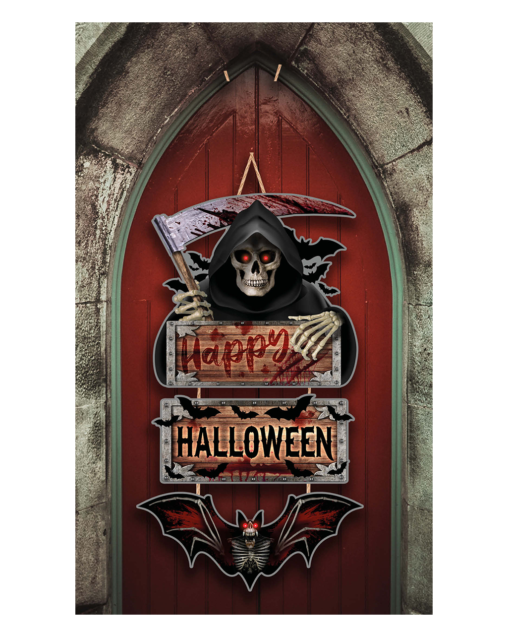 Happy Halloween Reaper & Bat Wooden Sign 60cm as decoration | Horror ...