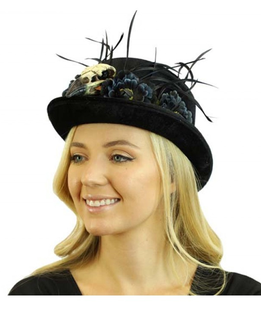 Black Top Hat With Flowers & Raven Skull | Horror-Shop.com