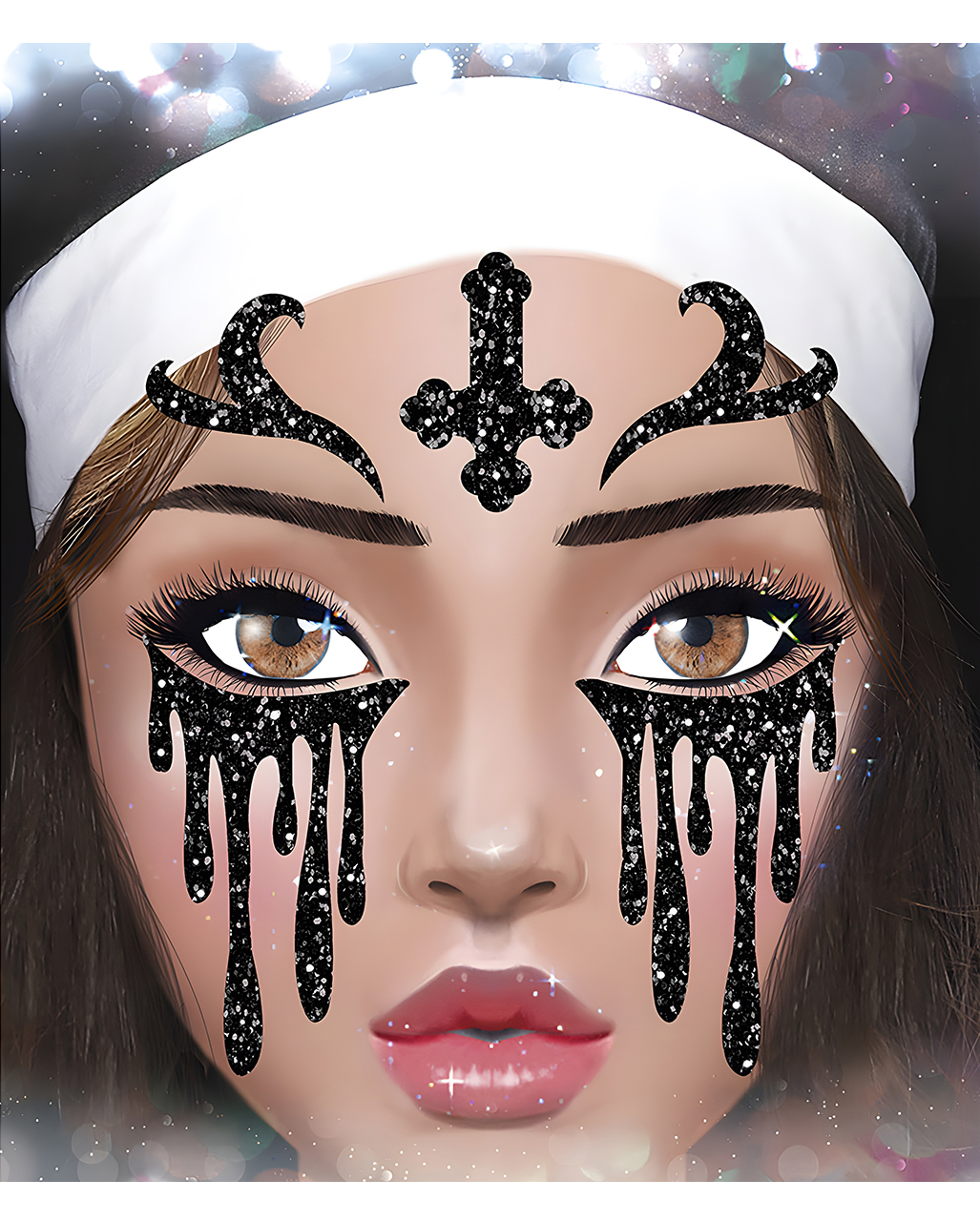 Sinister Nun Glitter Face Sticker | Halloween Make-Up | Horror-Shop.com